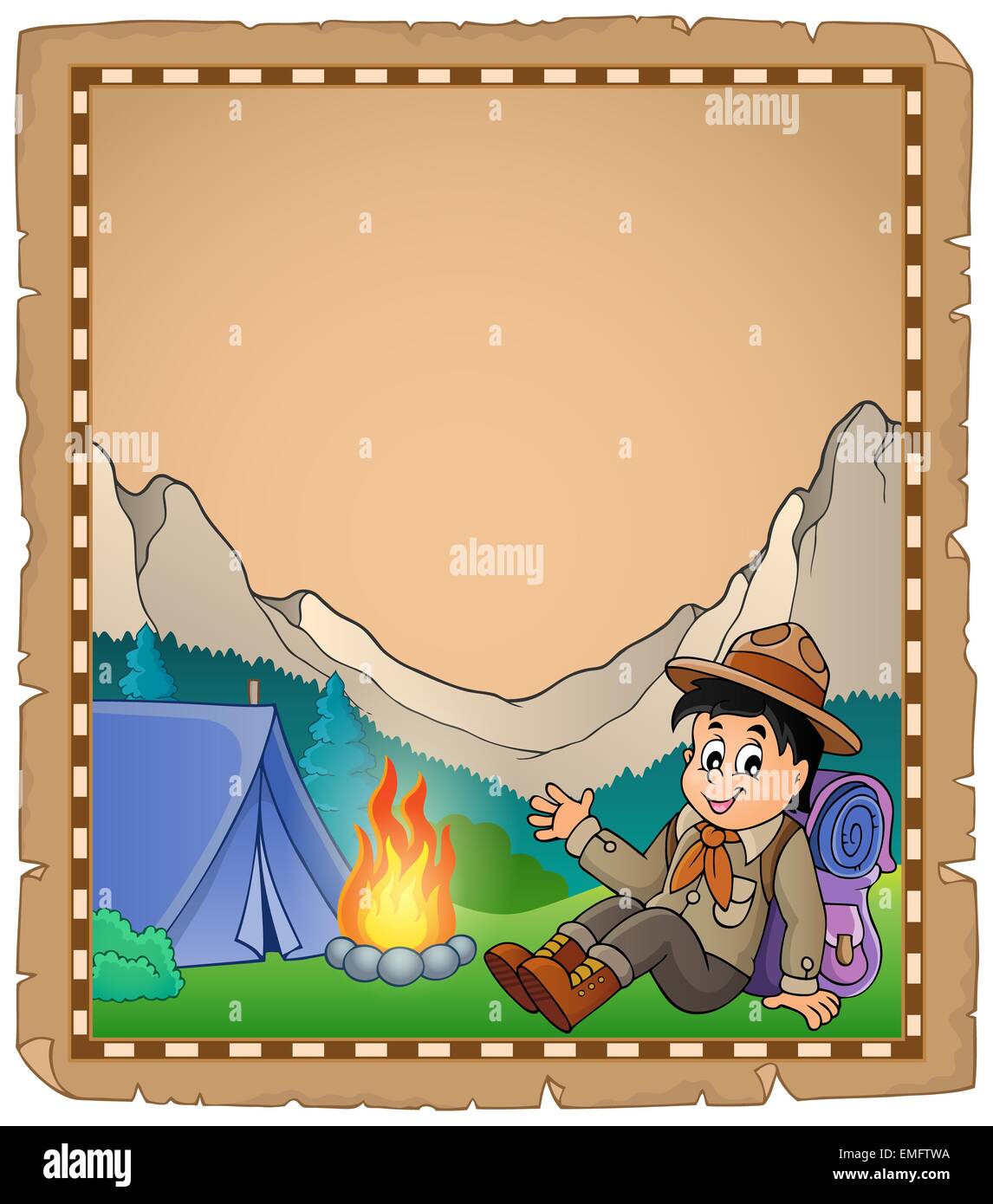 Parchment with scout boy in mountain - picture illustration Stock Photo ...