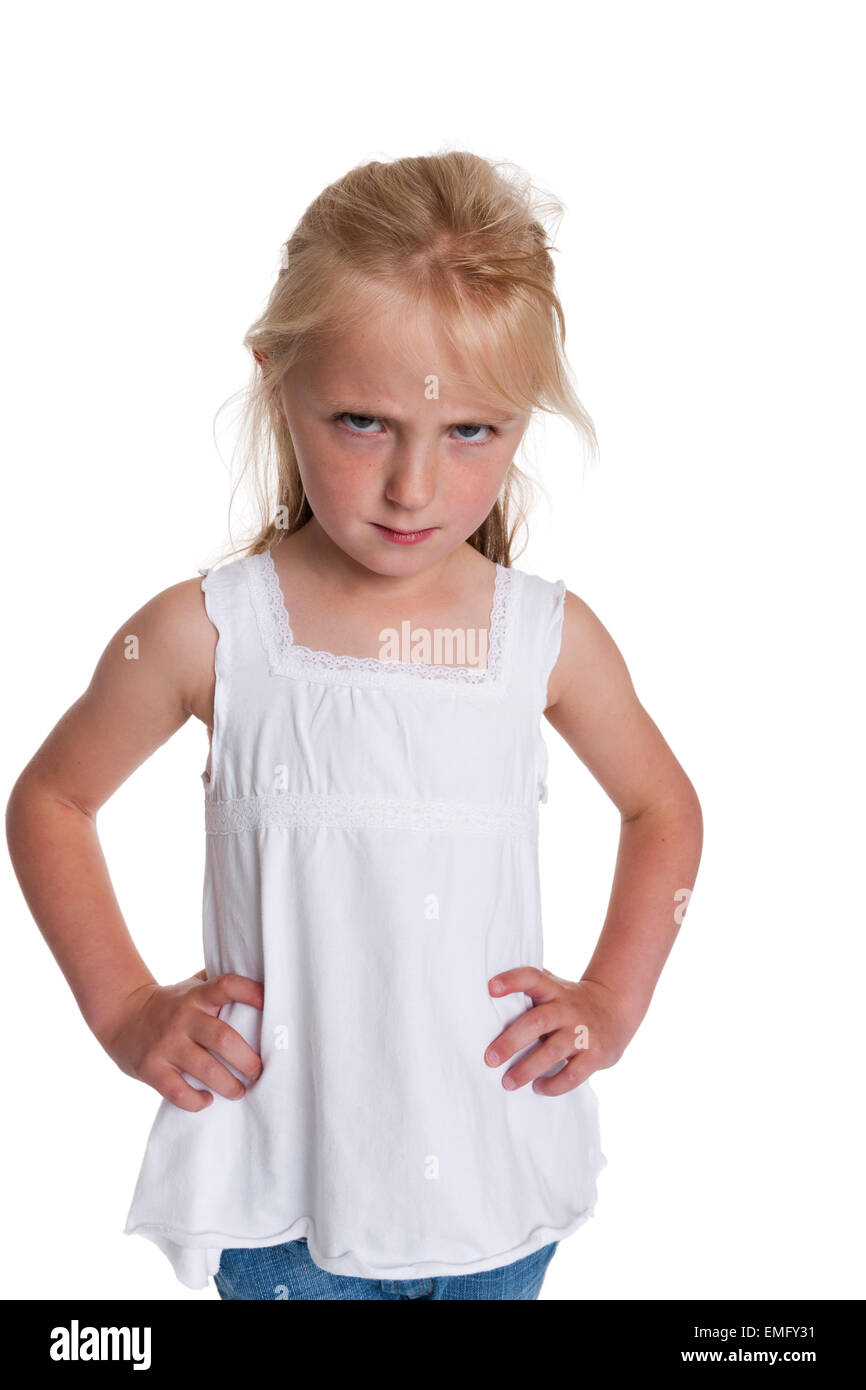 Portrait of a cute angry blond girl on white background Stock Photo - Alamy