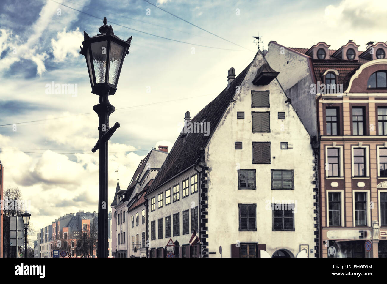 Ancient medieval house in the streets of Old Riga in Riga in early ...