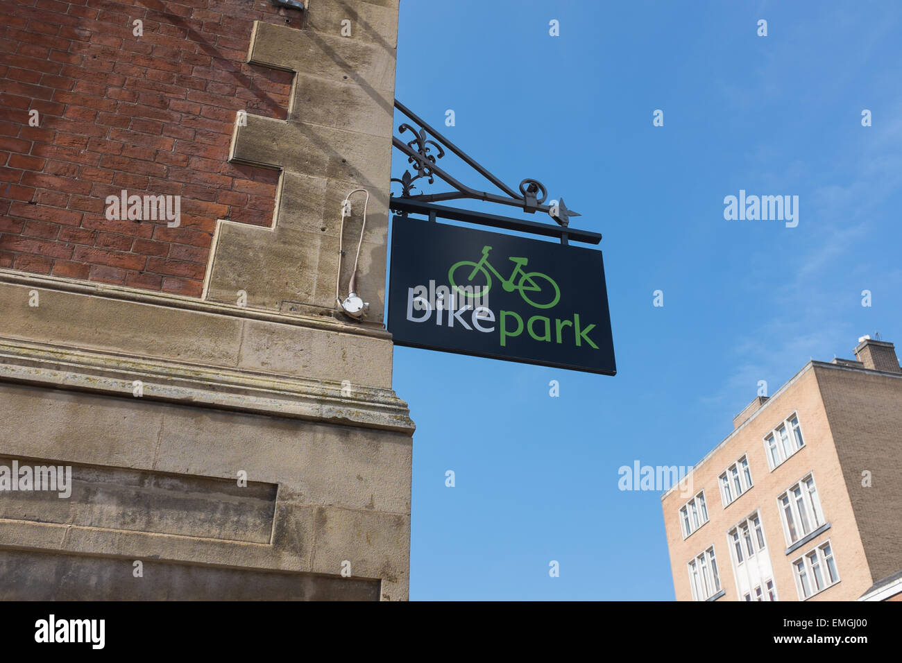 Sign for Bikepark secure cycle storage in the centre of Leicester Stock ...