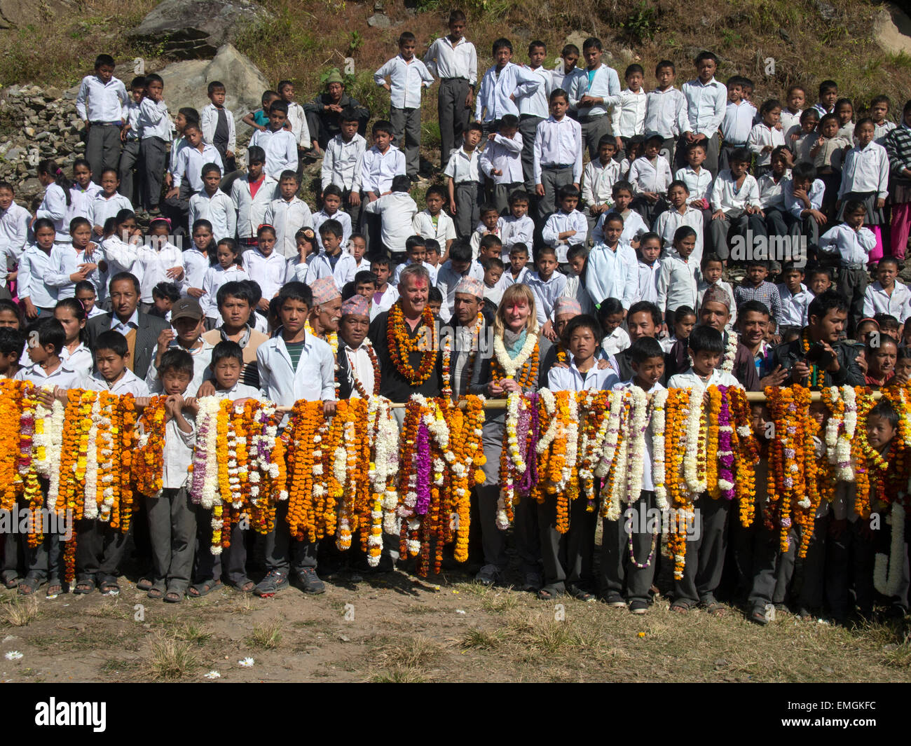 School Children marigold Garlands Greetings Lukla Nepal Asia Stock ...