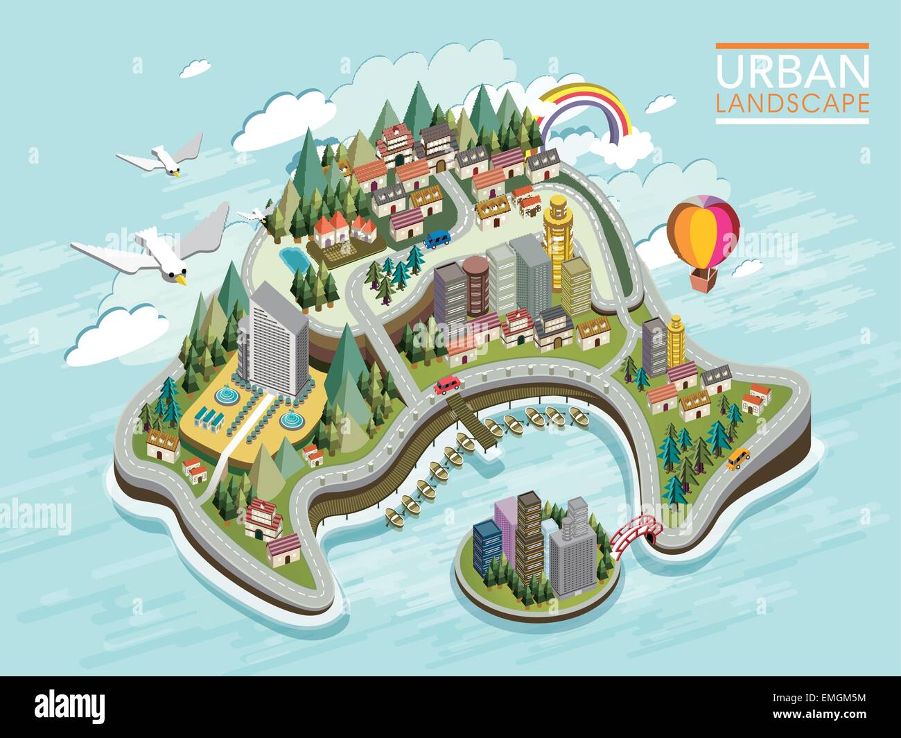 flat 3d isometric infographic for lovely urban landscape with forest ...