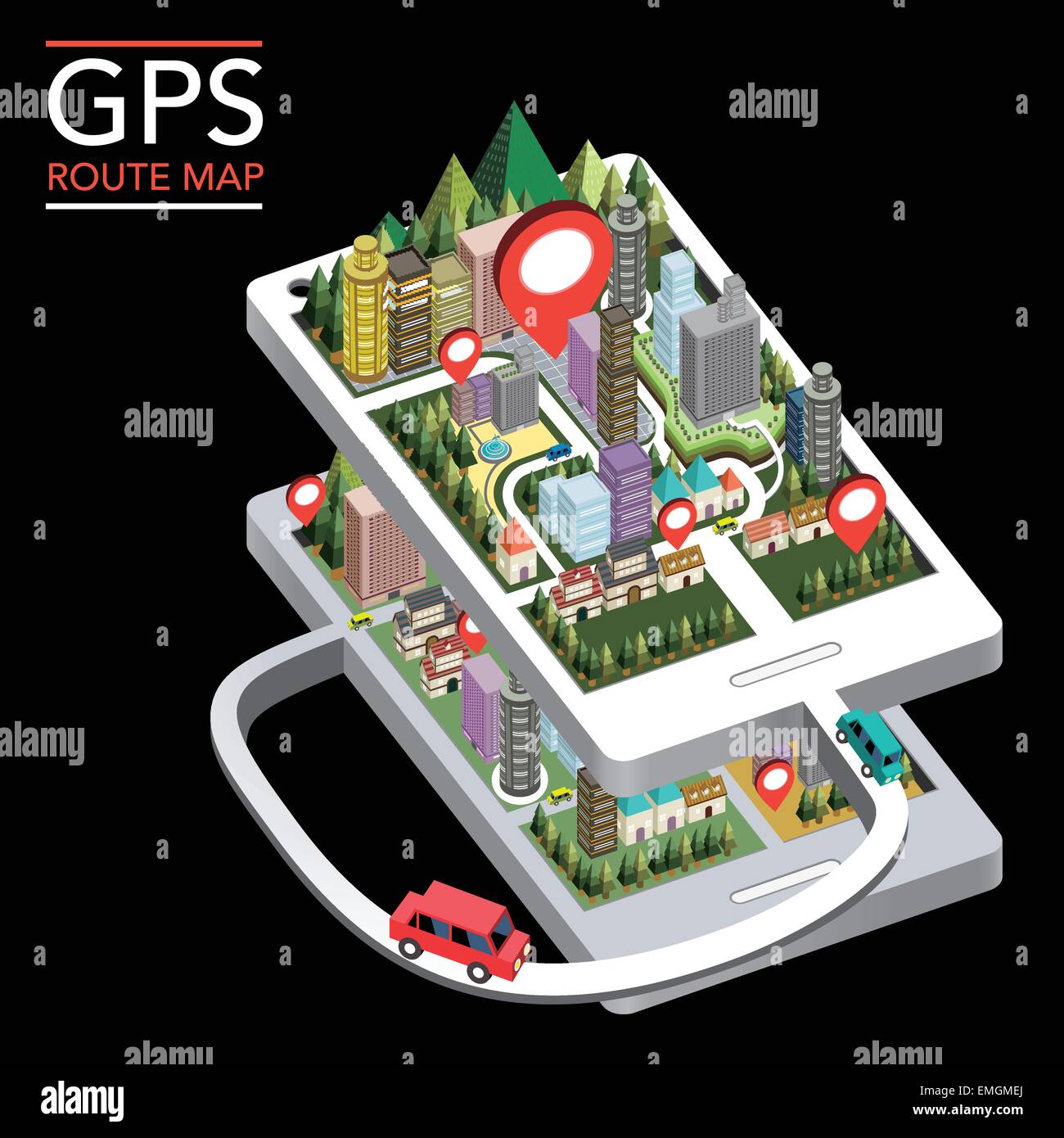 GPS route map flat 3d isometric infographic with city scene showed up from smartphone Stock ...