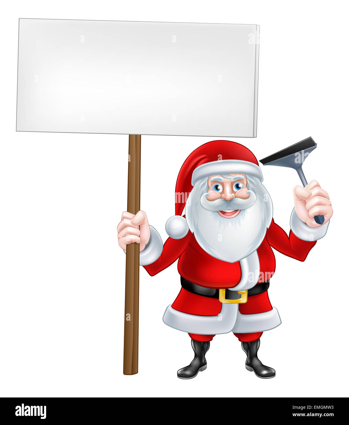 A Christmas cartoon illustration of window cleaner Santa Claus holding ...