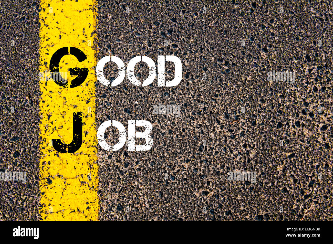 Business Acronym GB as GOOD JOB. Yellow paint line on the road against ...