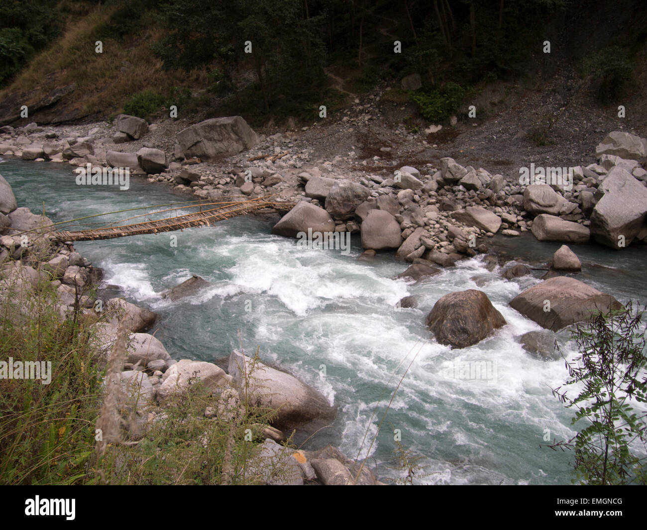 Traditional Wooden Bridge over Mountain Stream Lukla Himalayas Nepal ...