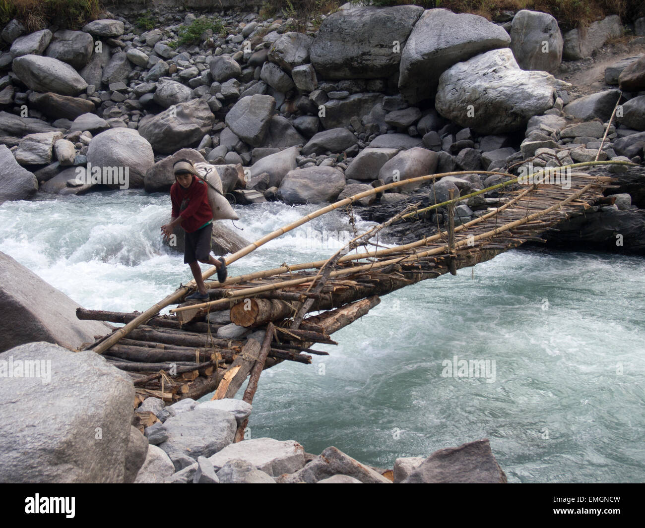 Traditional Wooden Bridge over Mountain Stream Lukla Himalayas Nepal ...