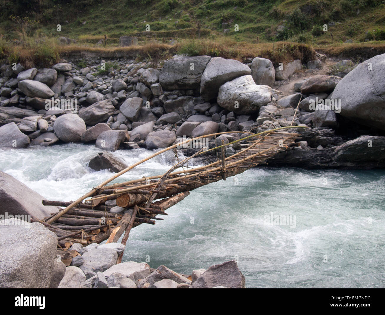 Traditional Wooden Bridge over Mountain Stream Lukla Himalayas Nepal ...