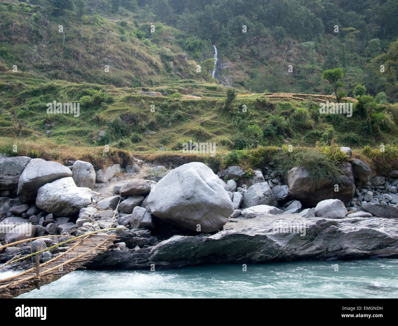 Traditional Wooden Bridge over Mountain Stream Lukla Himalayas Nepal ...