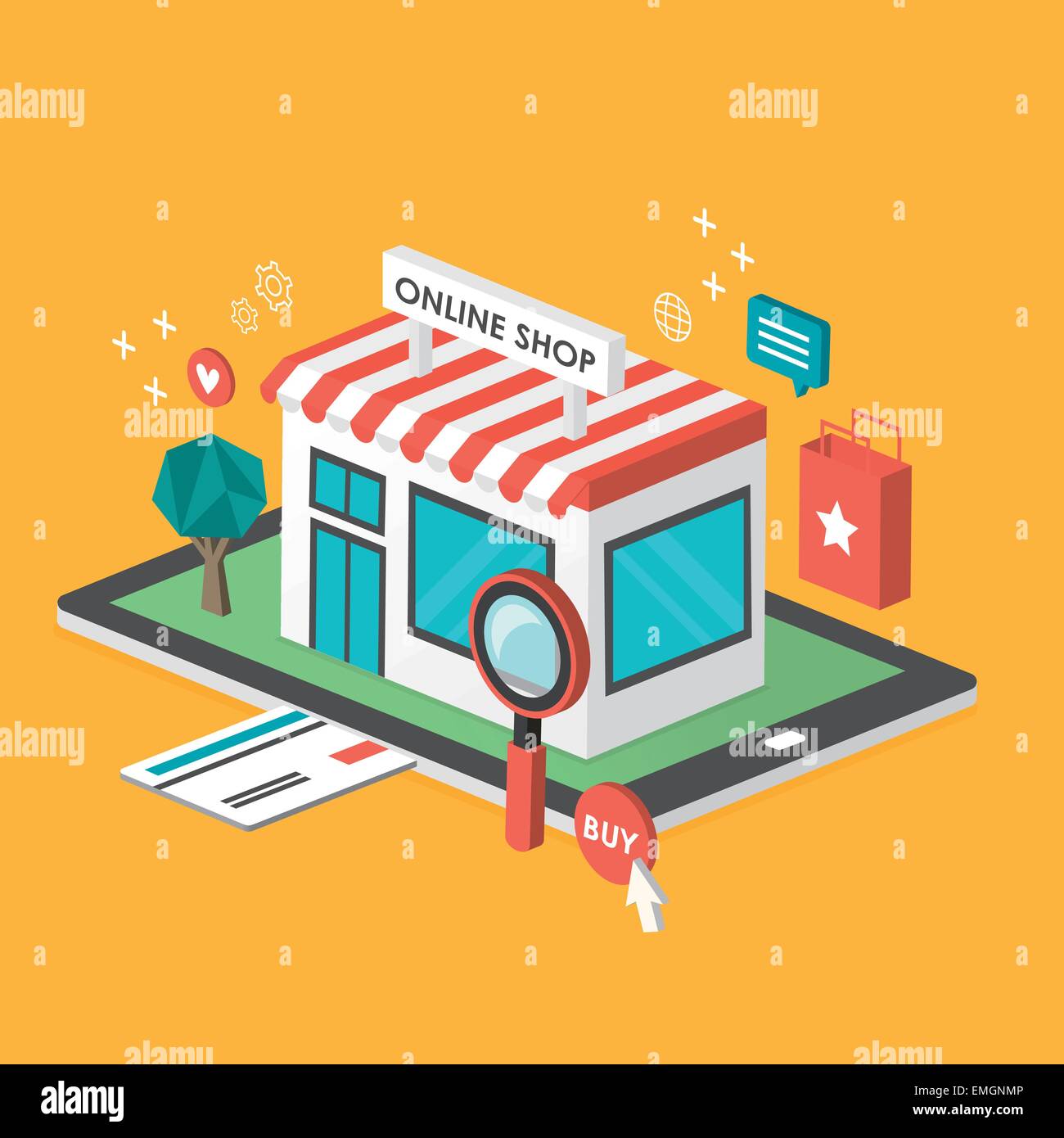 online shop 3d isometric infographic with a store showed up from tablet ...