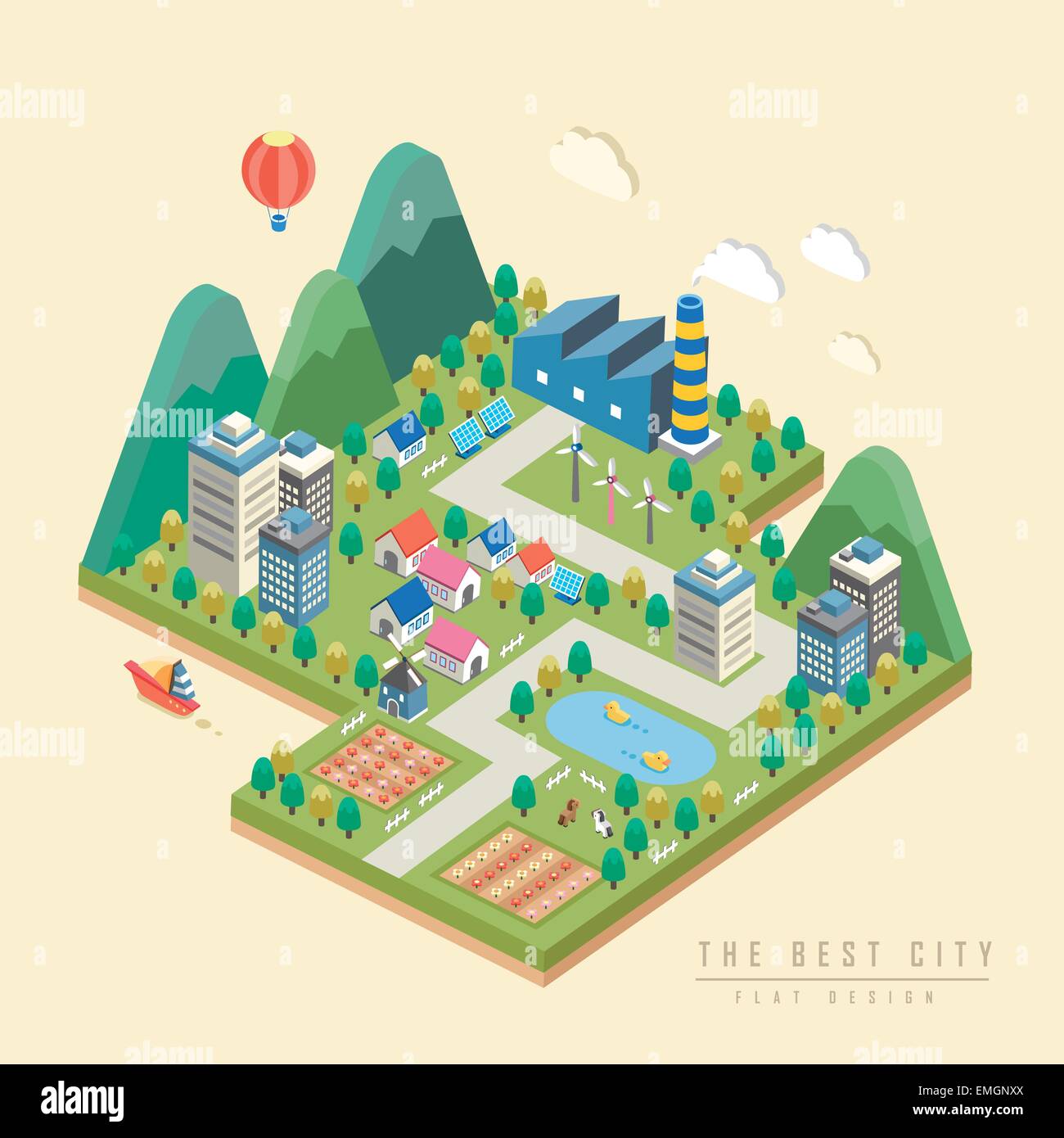 3d isometric infographic with lovely city surrounded by mountains Stock ...