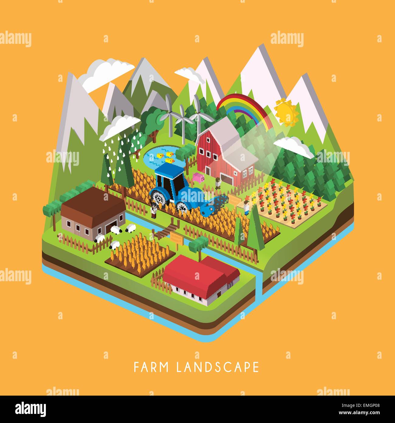 3d isometric infographic for adorable farm landscape over yellow Stock ...