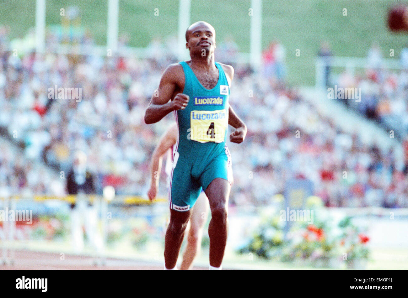British hurdler Kriss Akabusi in action at a meeting in Britain after ...