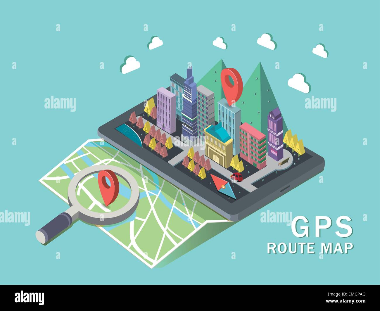 GPS route map 3d isometric infographic with tablet showing beautiful ...