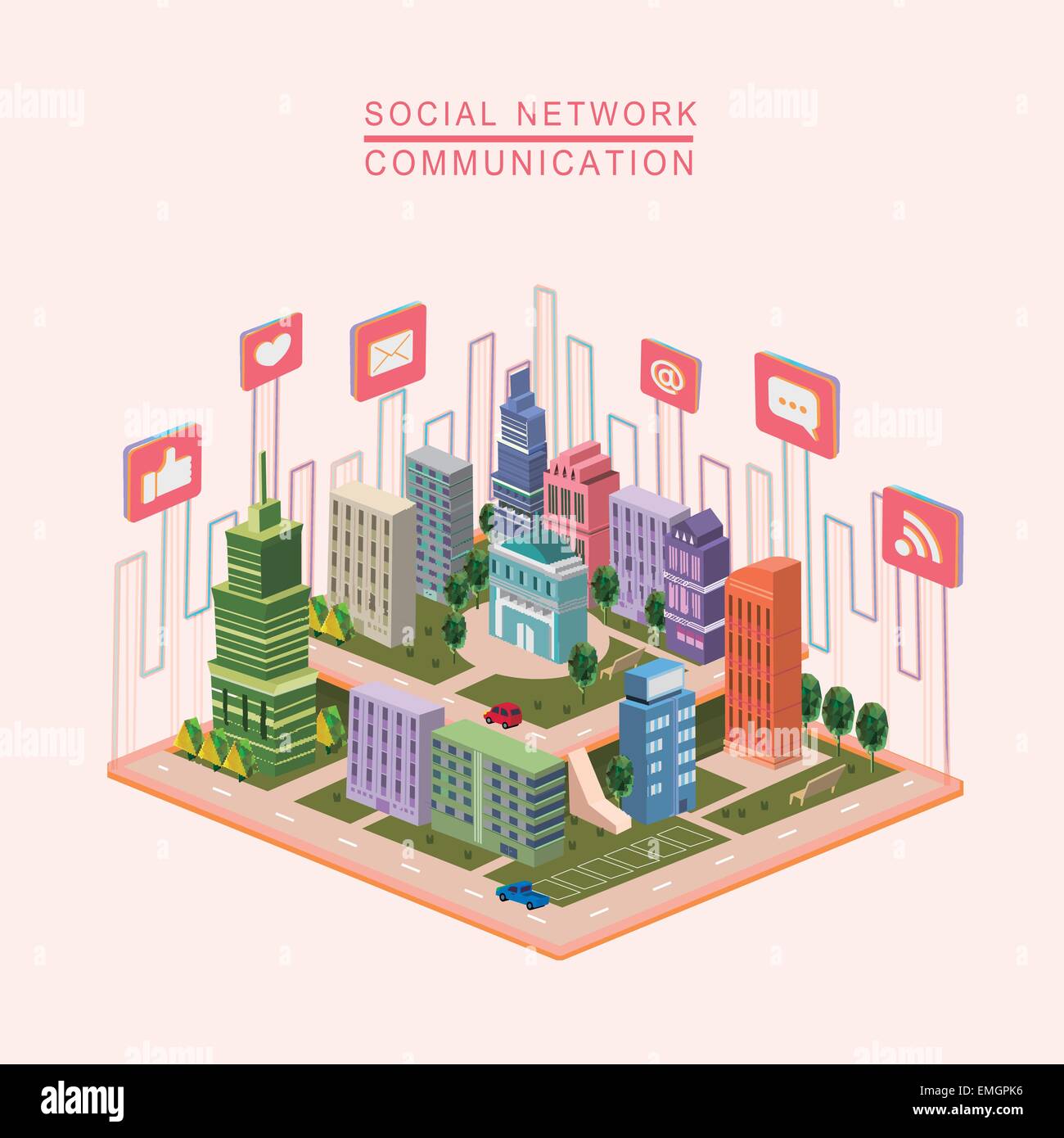 social network concept 3d isometric infographic with city scene Stock ...