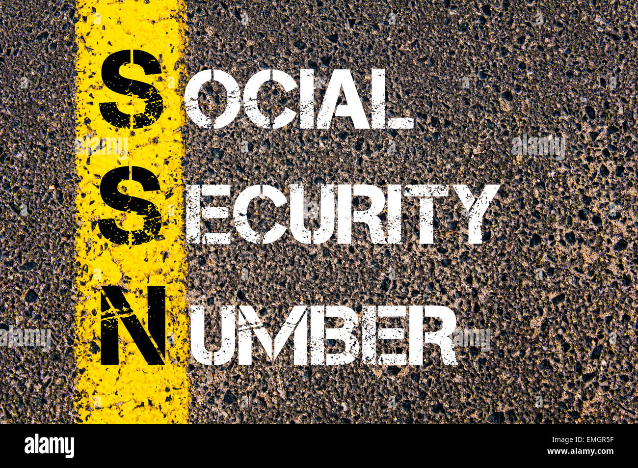 Acronym SSN as Social Security Number. Yellow paint line on the road ...