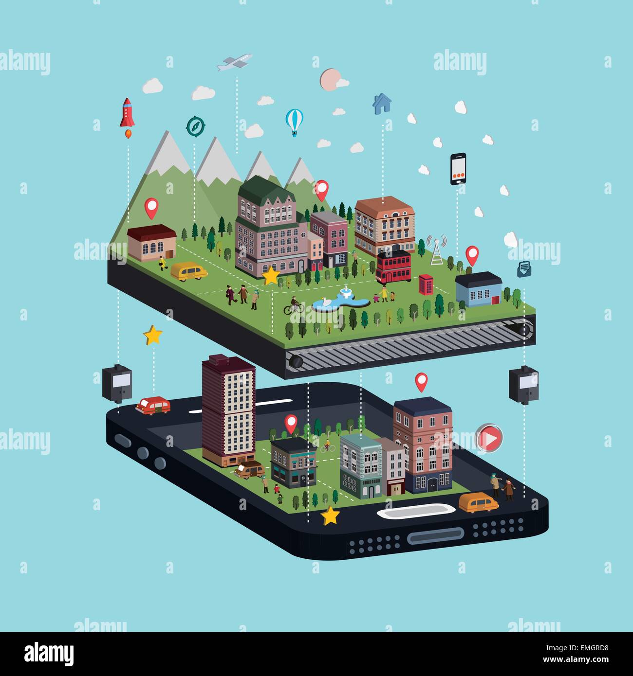 navigation concept 3d isometric infographic with adorable city scene ...