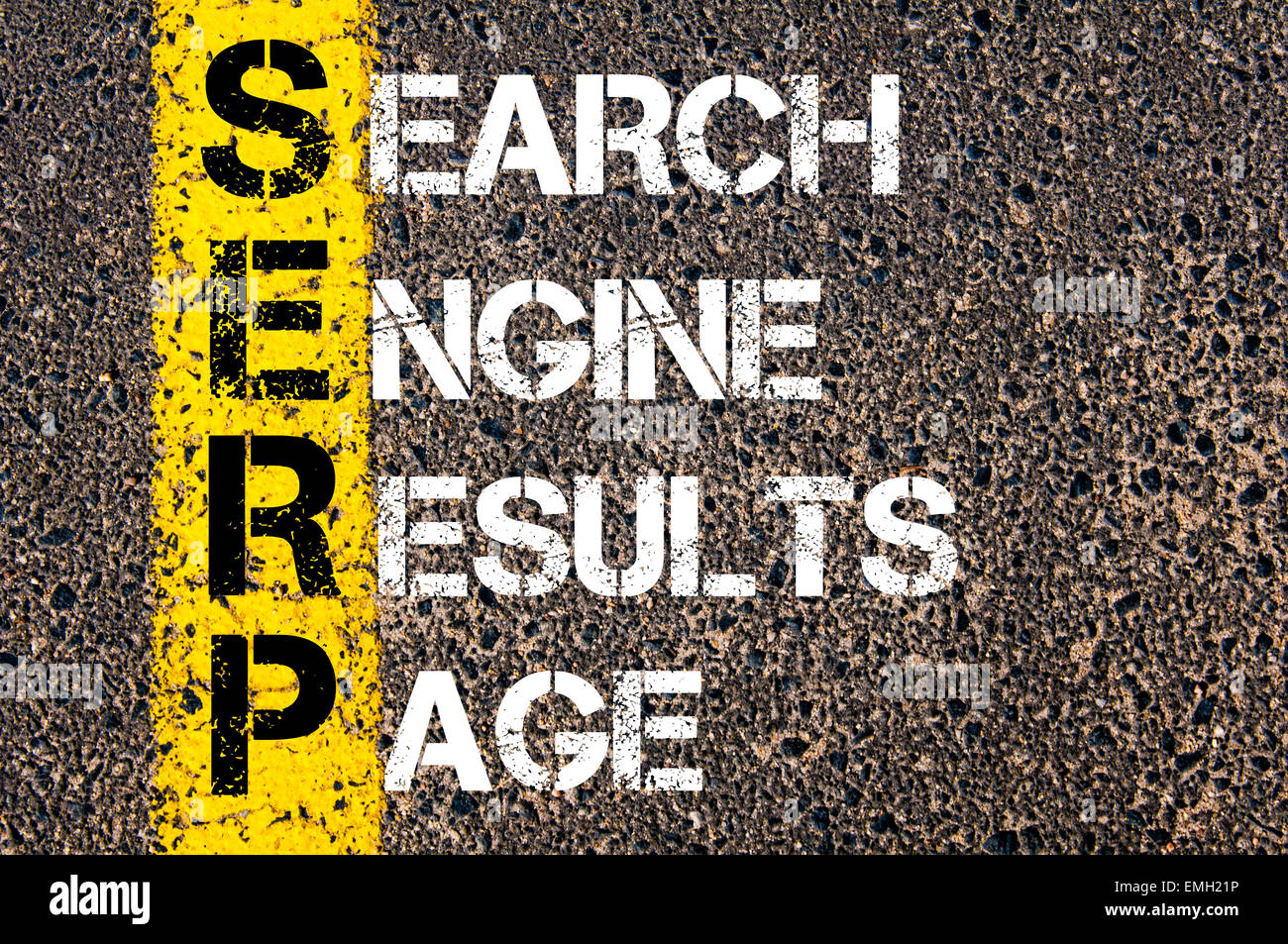 Business Acronym SERP as SEARCH ENGINE RESULTS PAGE. Yellow paint line ...