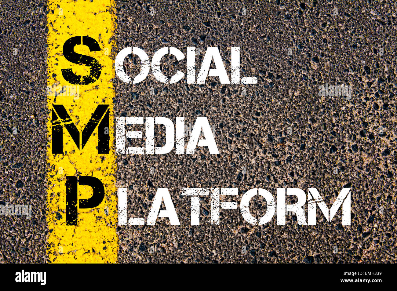 Social Media Acronym SMP as SOCIAL MEDIA PLATFORM. Yellow paint line on ...