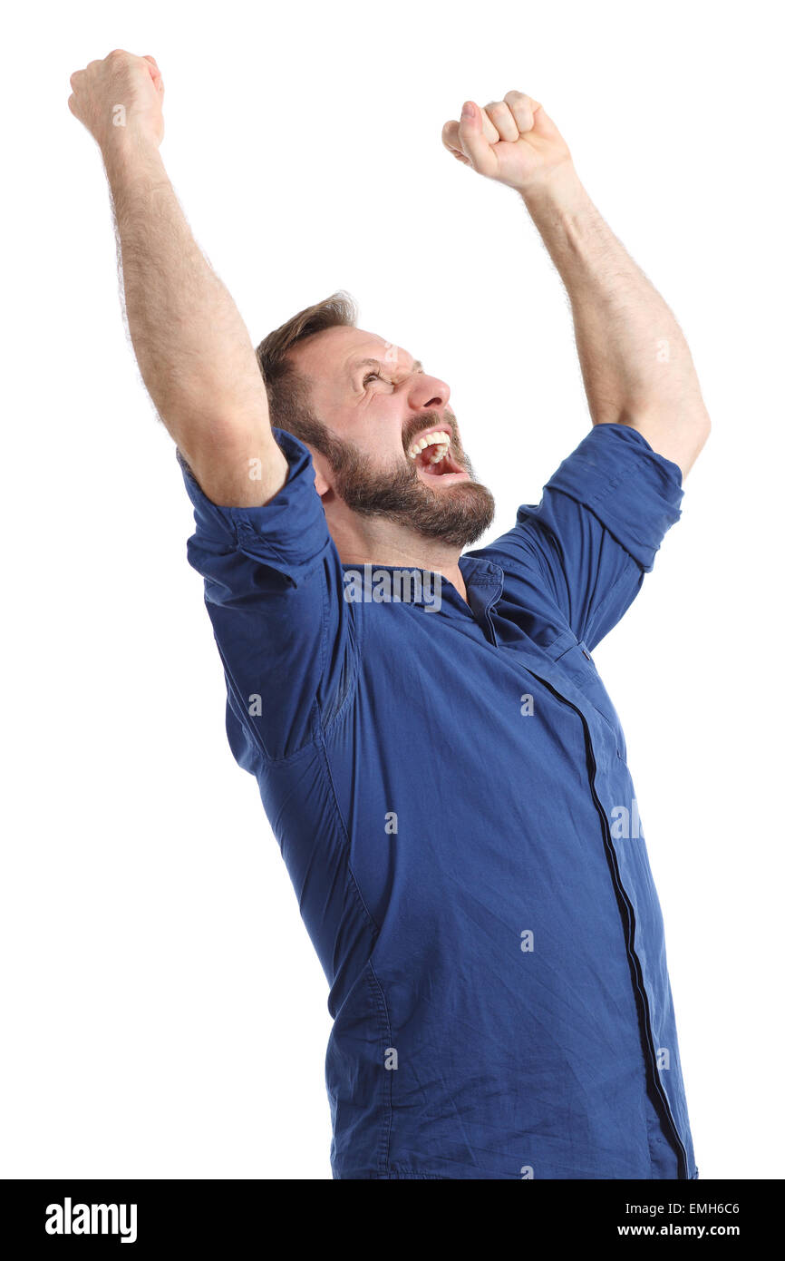 Euphoric happy man shouting and raising arms isolated on a white ...