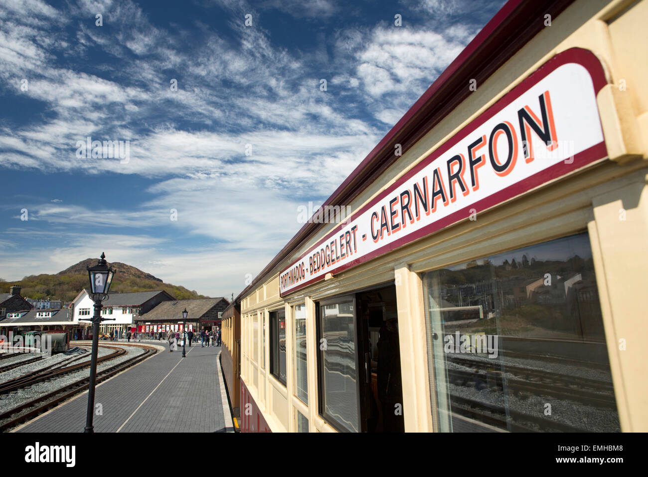 UK, Wales, Gwynedd, Porthmadog, Welsh Mountain Railway train at Station ...