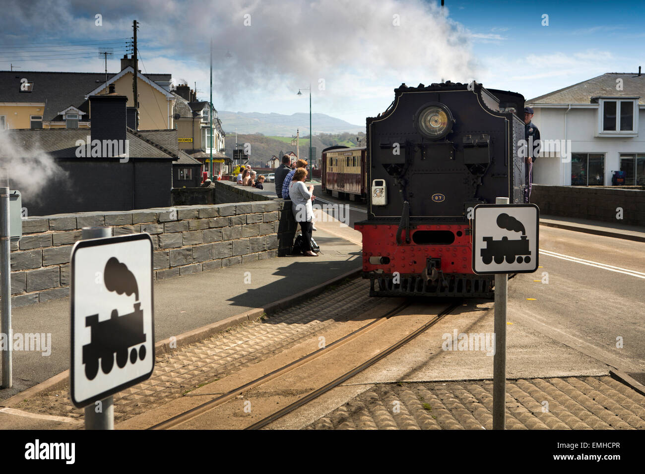 UK, Wales, Gwynedd, Porthmadog, Welsh Mountain Railway train departing ...