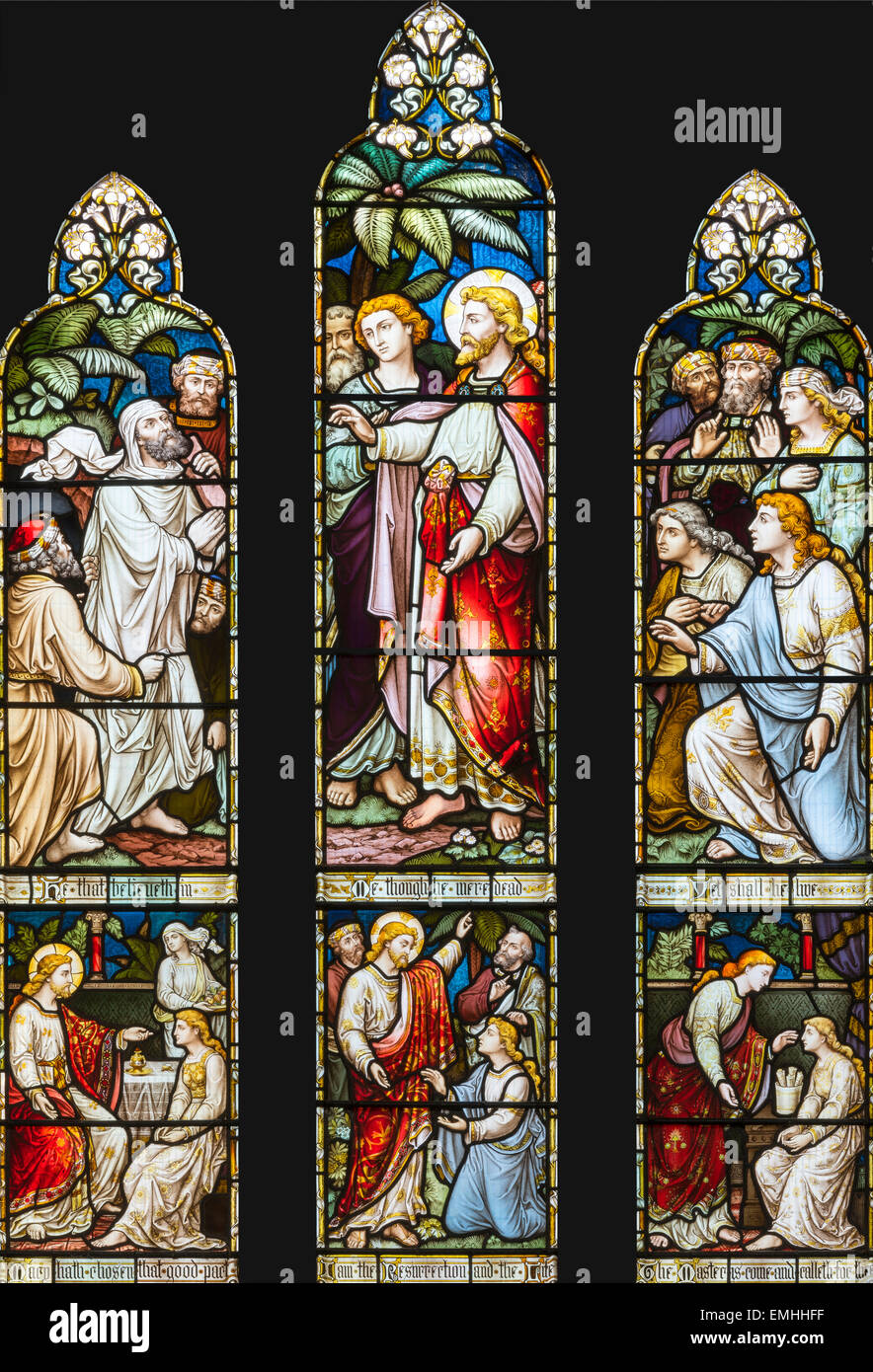The Raising of Lazarus of Bethany depicted in stained glass in St. Mary ...