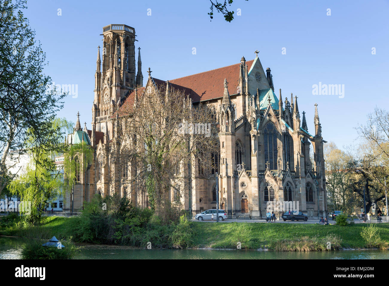 Germany, Stuttgart, city center, church Johanneskirche at lake Feuersee ...