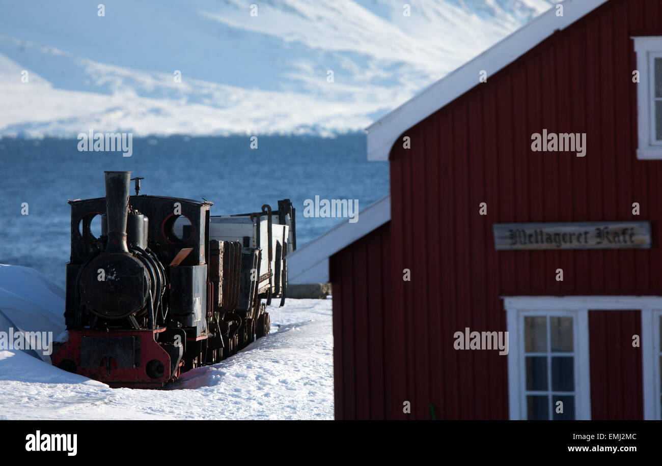 Ny-Alesund, Norway. 09th Apr, 2015. A former coal train with waggons ...