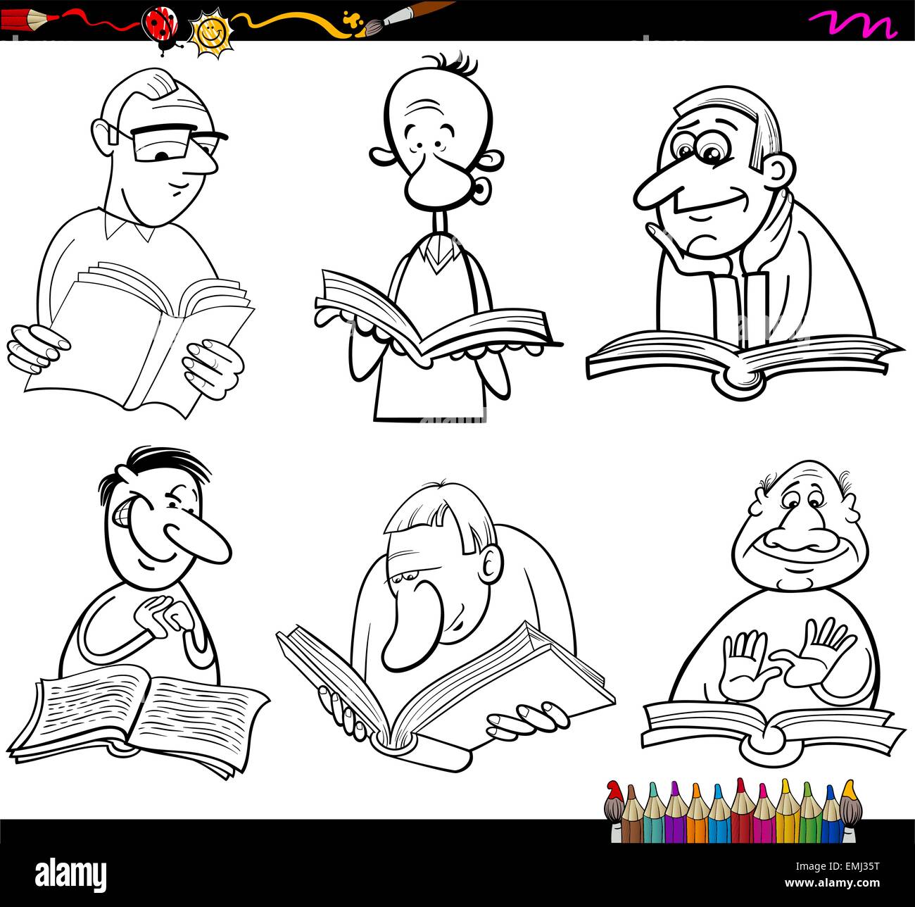 Coloring Book Cartoon Illustration Set of Readers Characters with Books ...
