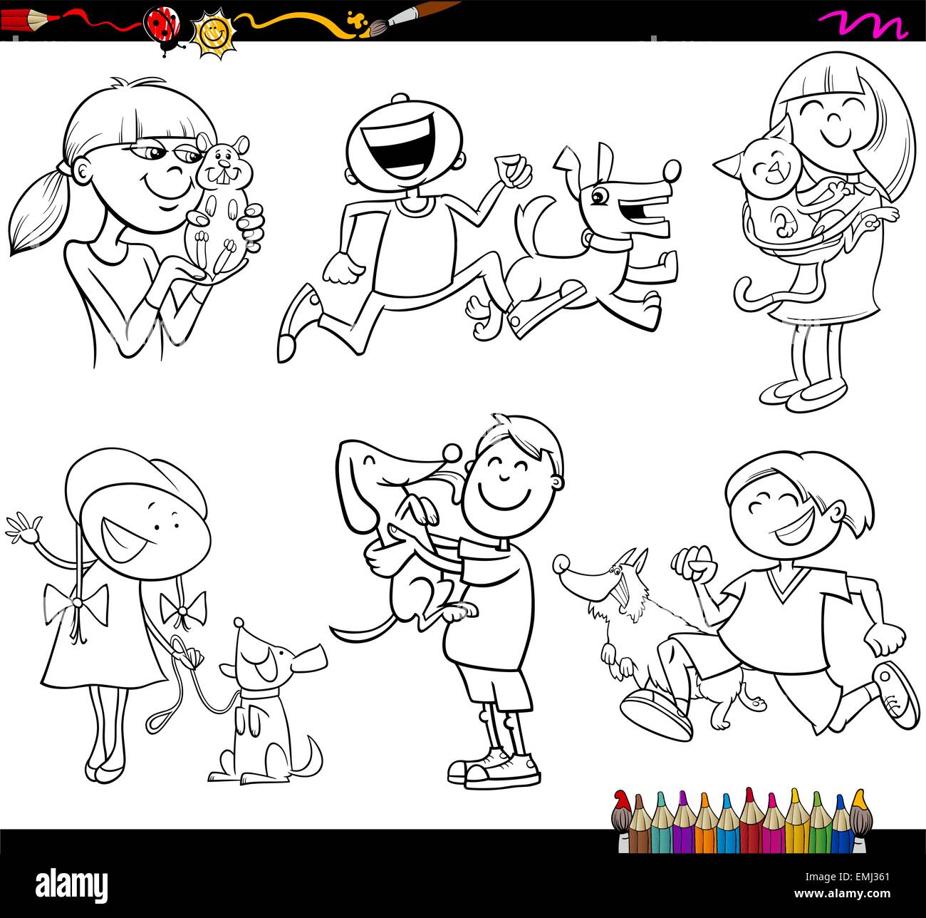 Coloring Book Cartoon Illustration Set of Kids with Pets Characters ...
