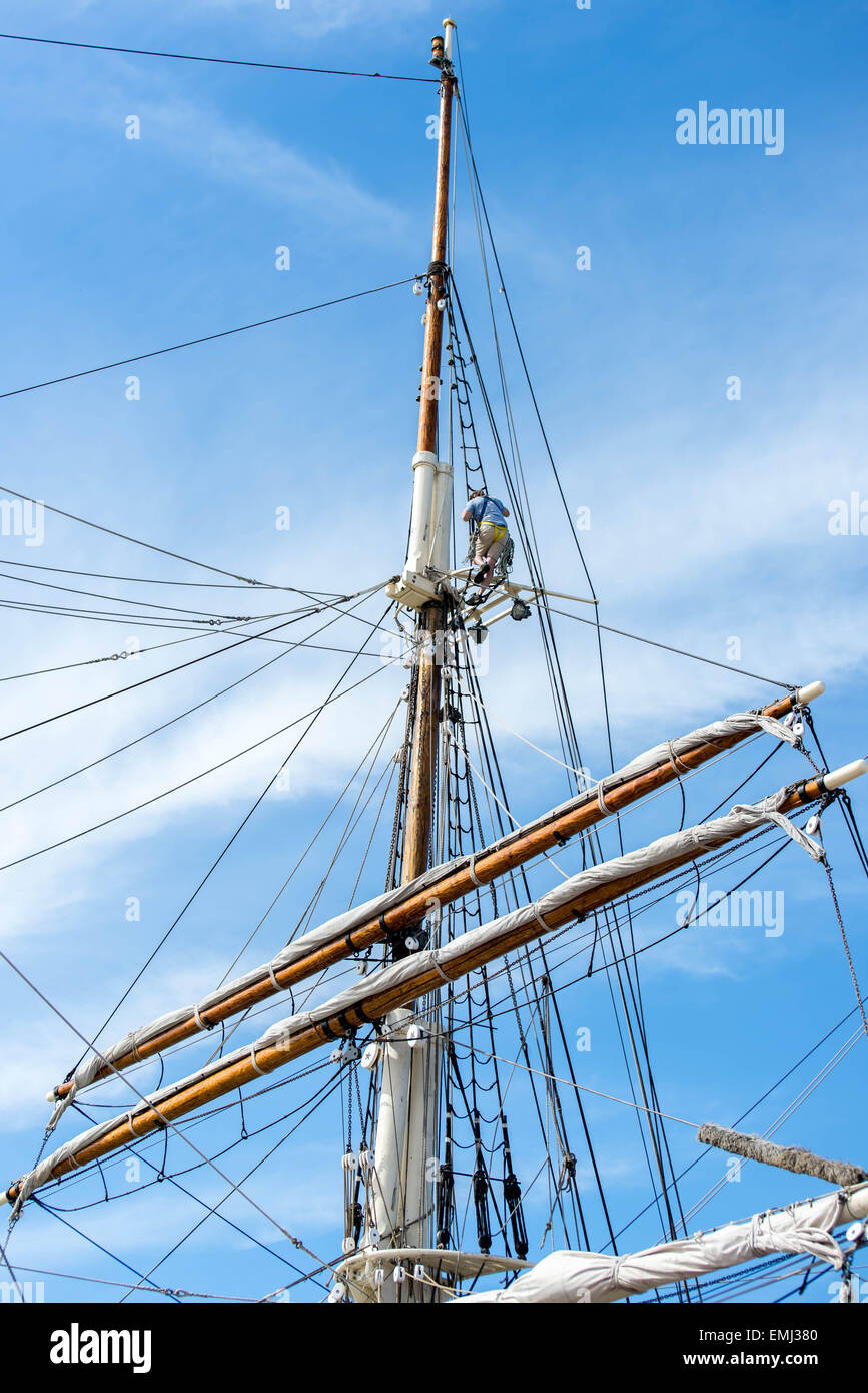 masts, rigging and rolled up sails of a tall sailboat Stock Photo - Alamy