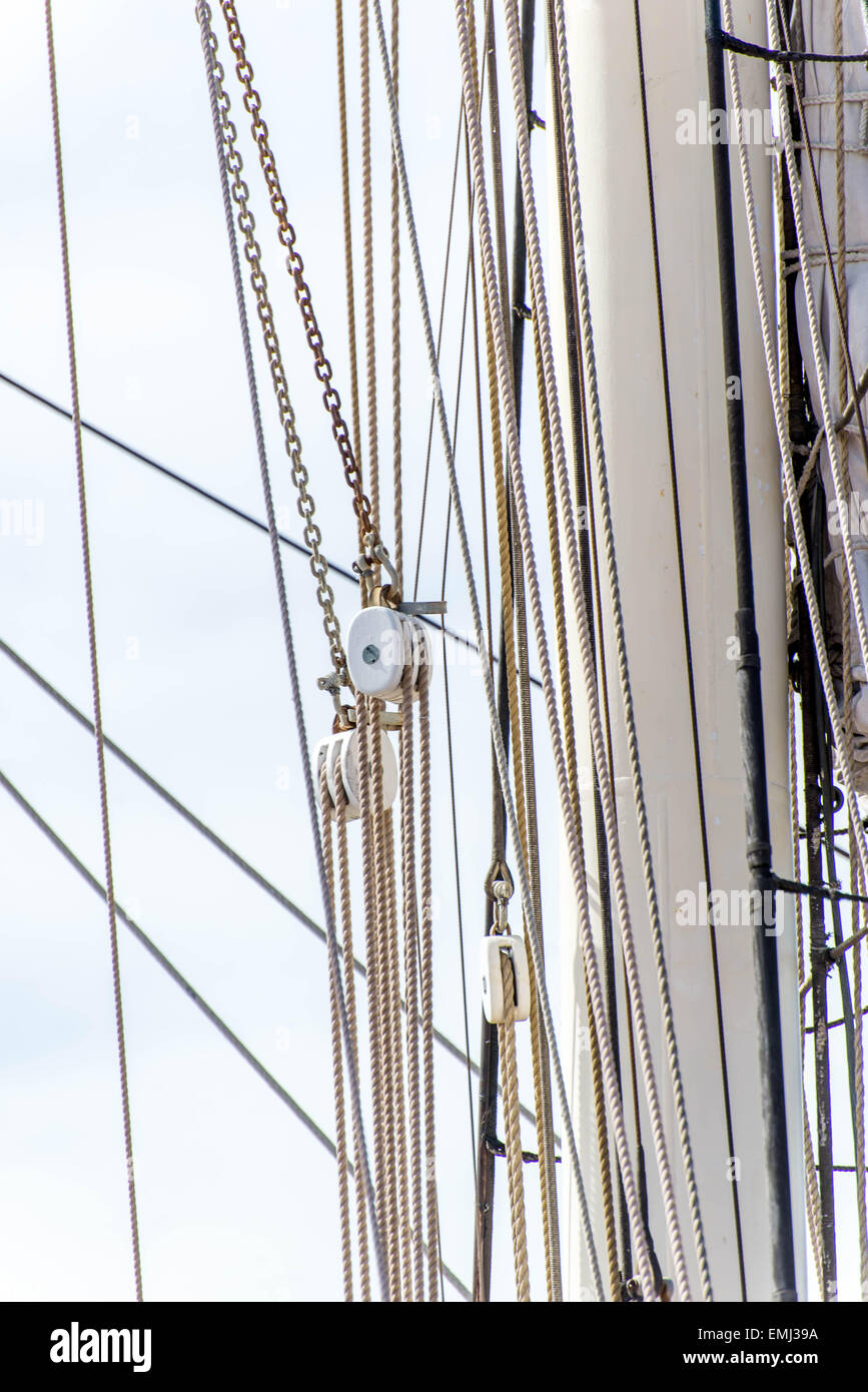 masts, rigging and rolled up sails of a tall sailboat Stock Photo - Alamy