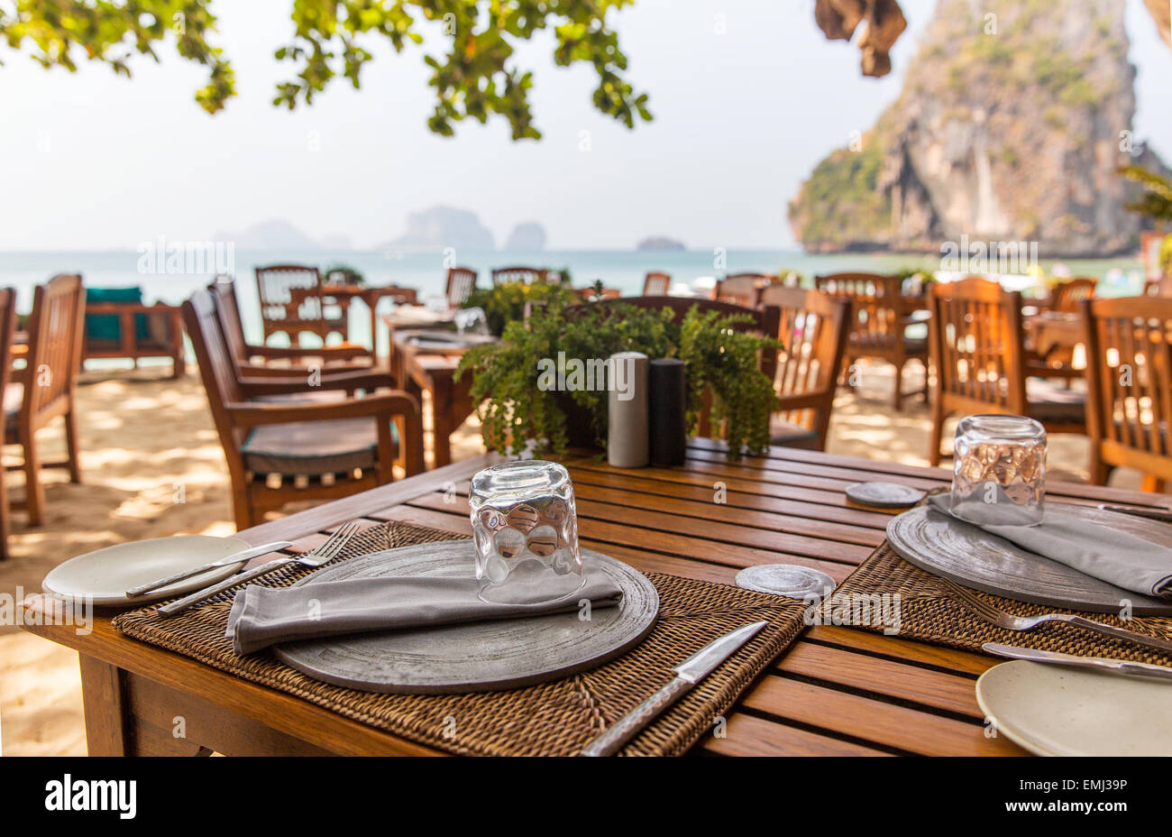 close up of open-air restaurant on beach Stock Photo - Alamy