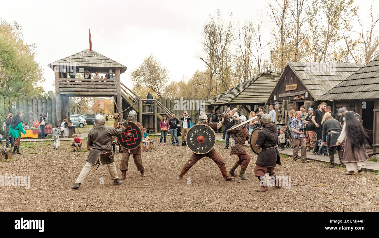 Vikings fight in Jomsborg Vikings village, Warsaw, Poland Stock Photo ...