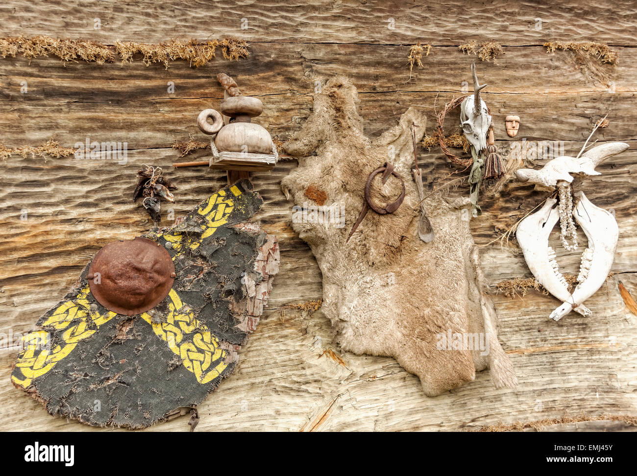 Skull, bones, skin, shield in Jomsborg Vikings village Warsaw, Poland ...