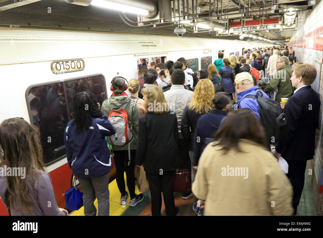 Boston Massachusetts subway with commuters preparing to board T train ...