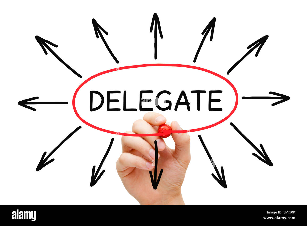 Hand drawing Delegate concept with marker on transparent wipe board ...