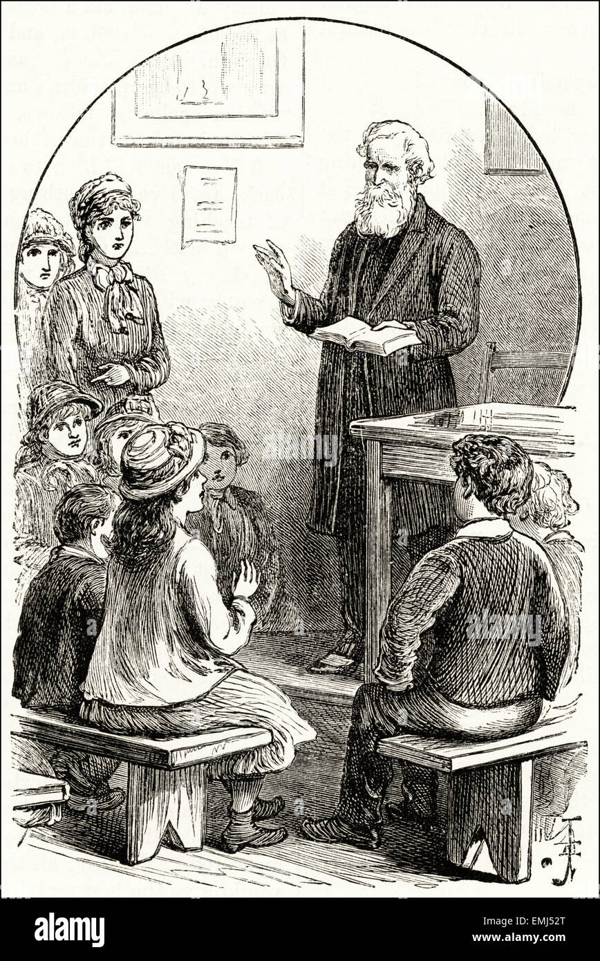 Vicar speaking to children in a Sunday school bible class. Victorian ...