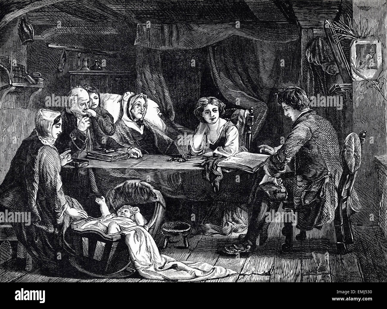 Vicar giving bible study to family in their home. Victorian woodcut ...