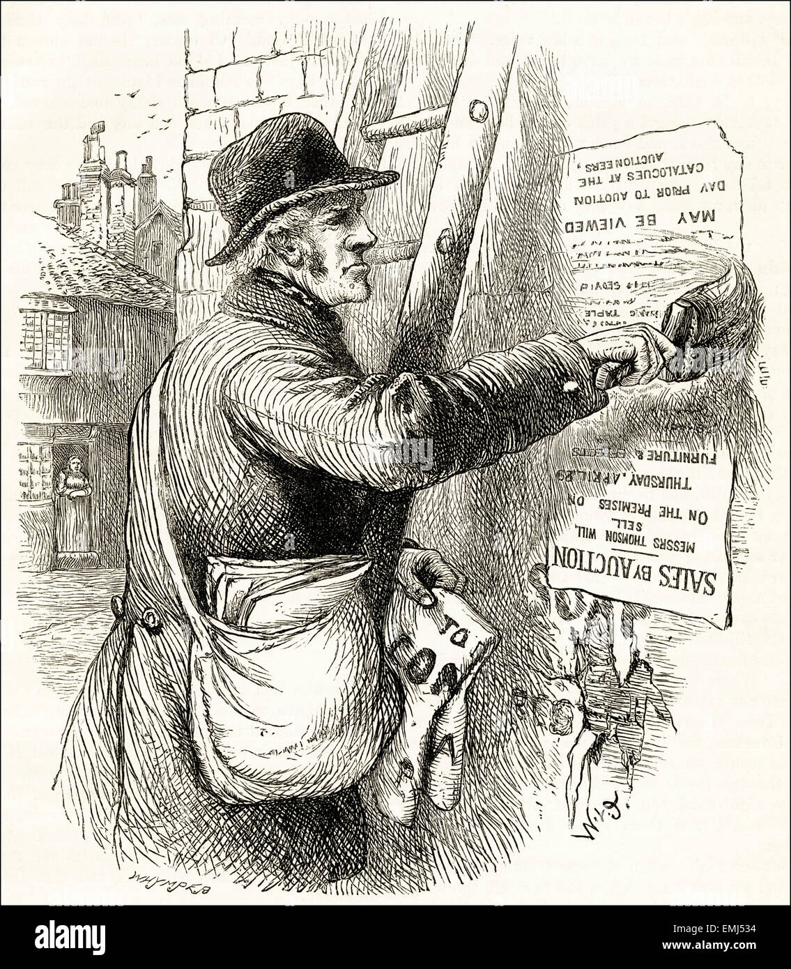 Bill sticker putting up poster in street. Victorian woodcut engraving ...