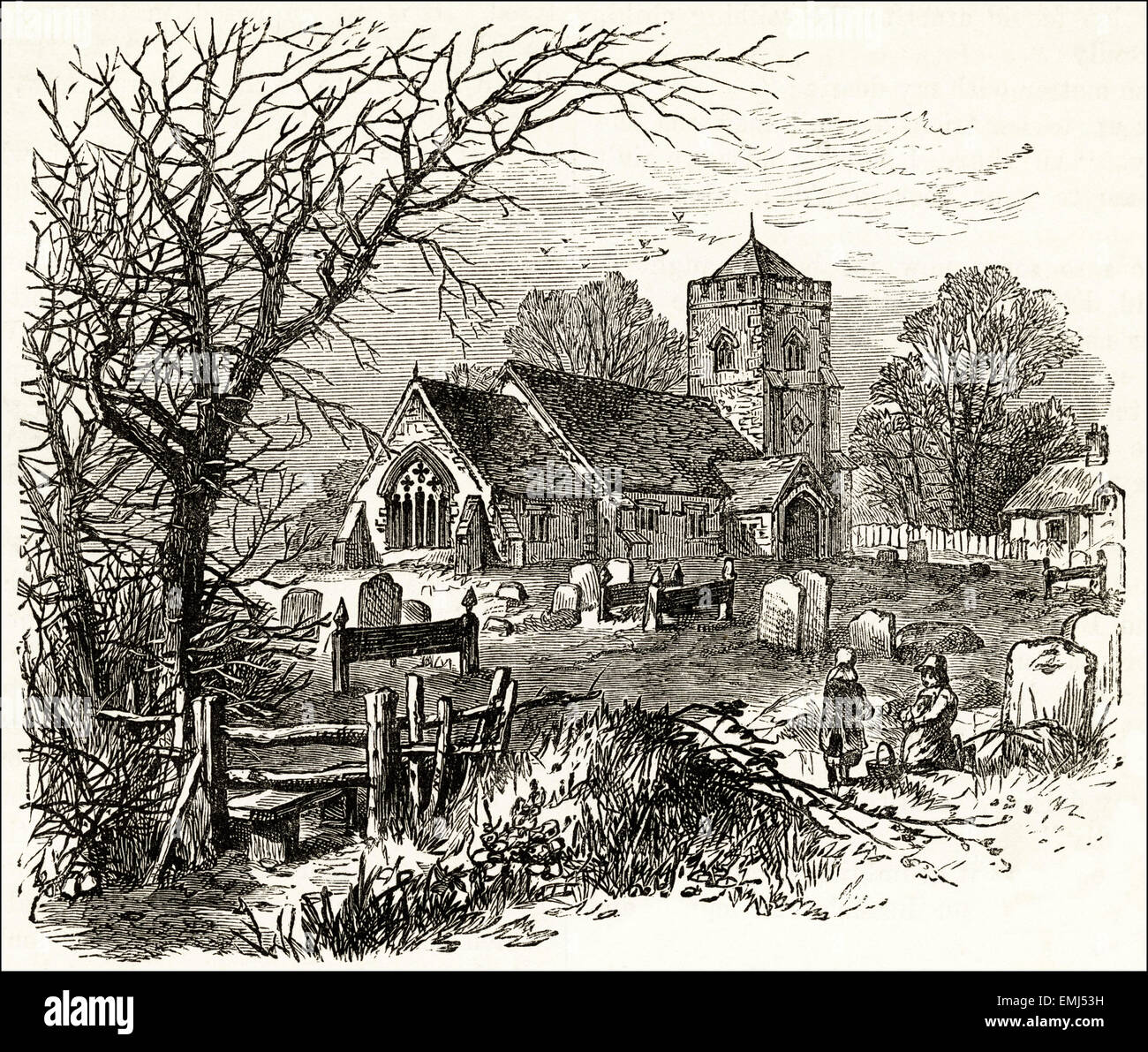 View of a church in the countryside. Victorian woodcut engraving dated ...