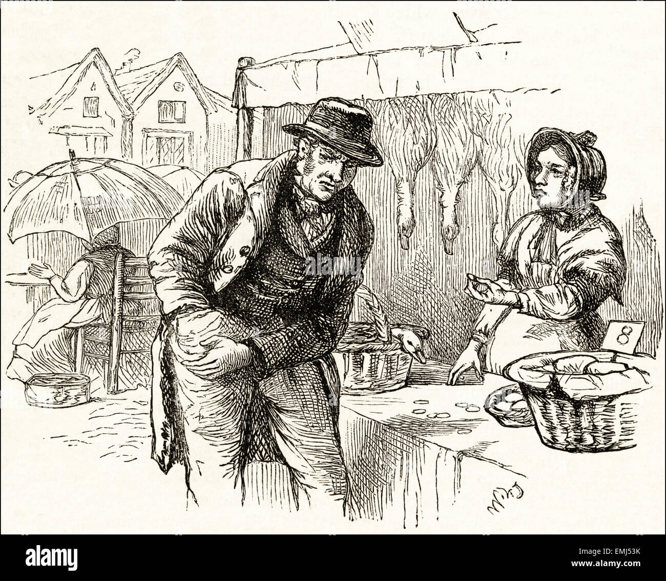 Woman selling ducks & geese at a country market. Victorian woodcut ...