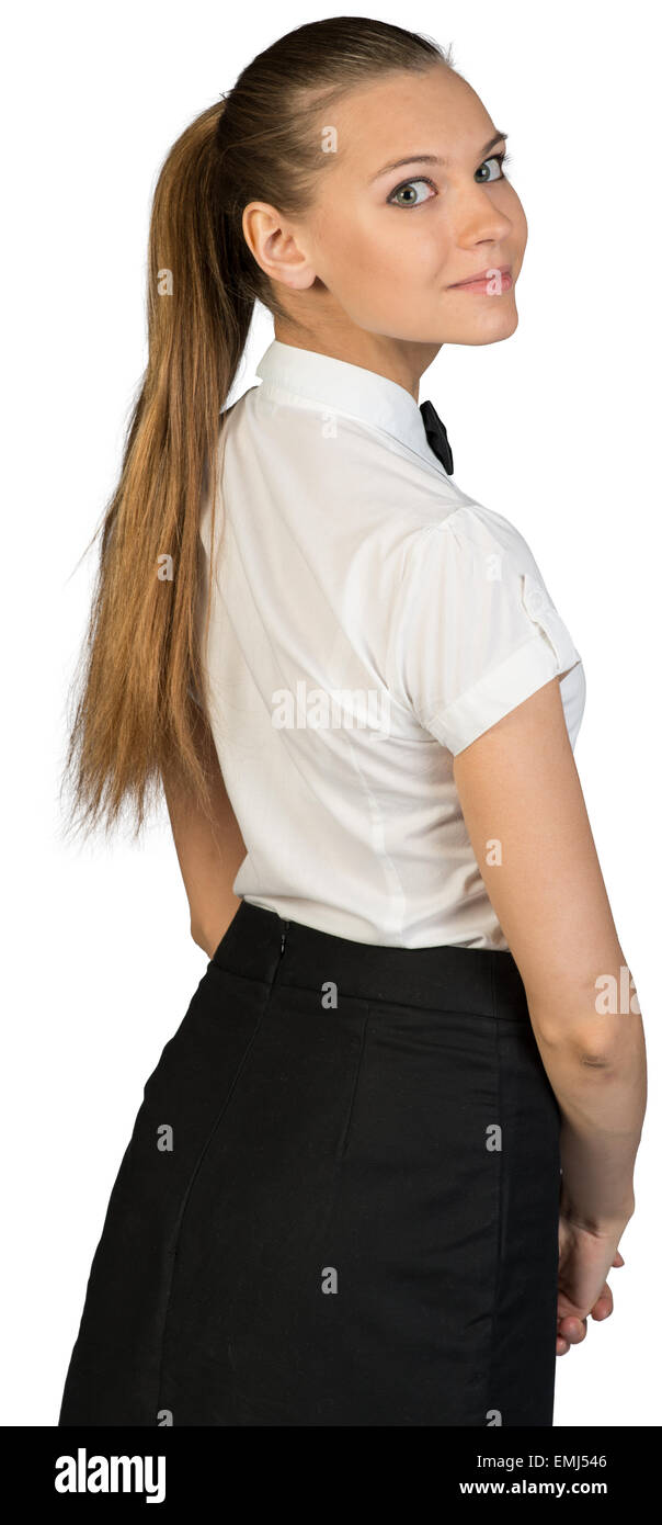 Back view of young waitress looking at camera Stock Photo - Alamy