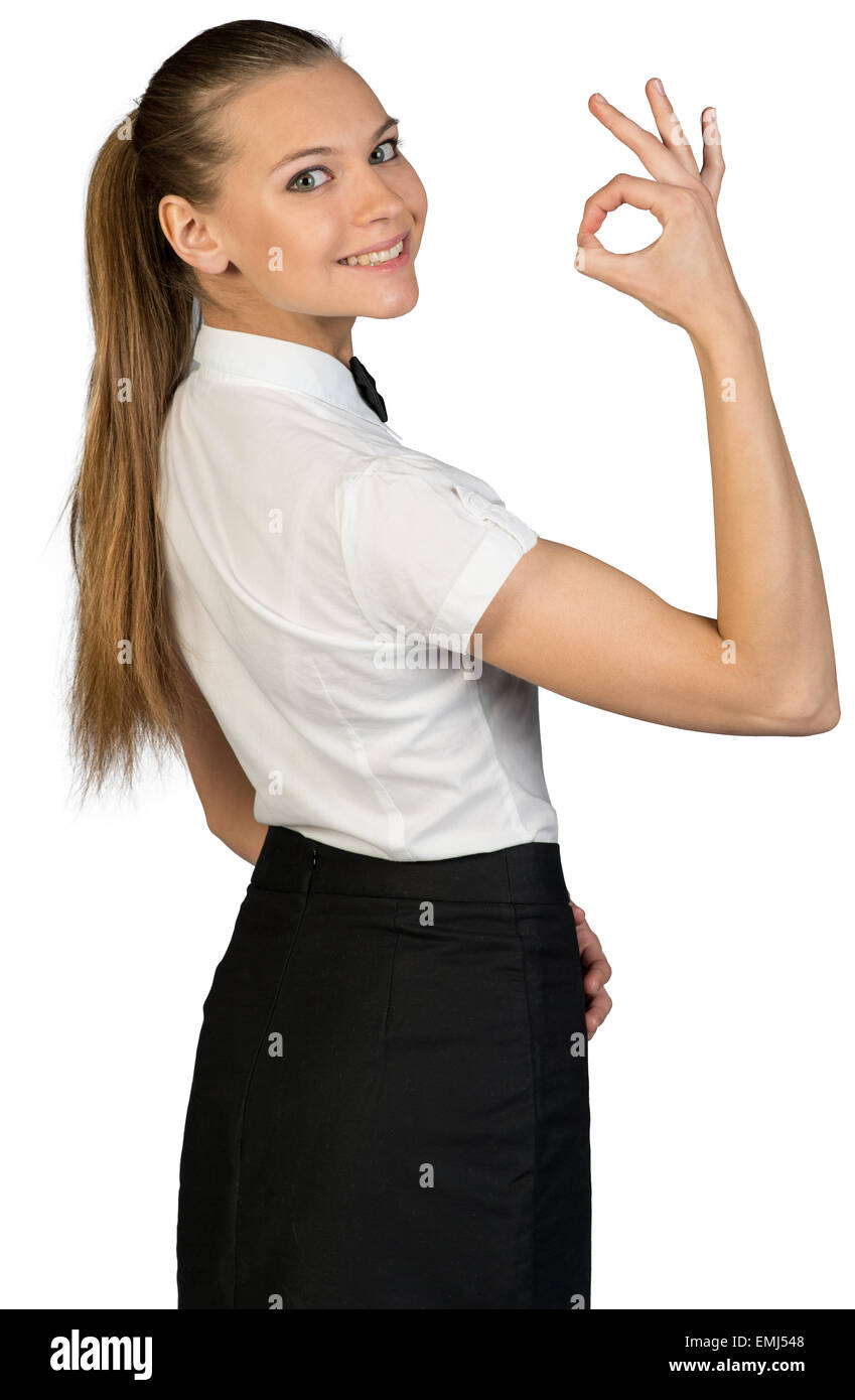 Back view of young waitress with teeth smile Stock Photo - Alamy