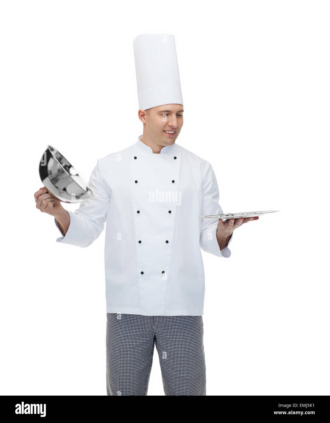 happy male chef cook opening cloche Stock Photo - Alamy