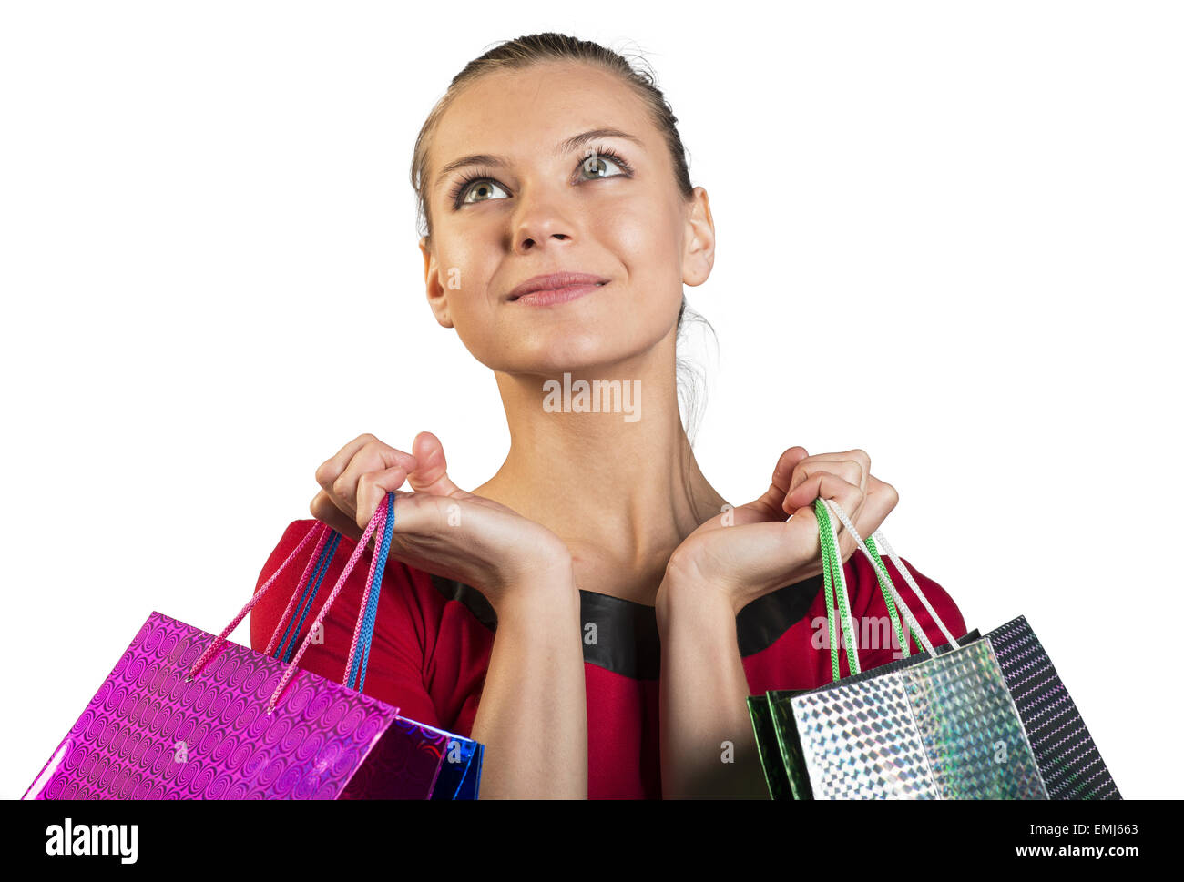 Young lady with smile handing bags. Closed up Stock Photo - Alamy