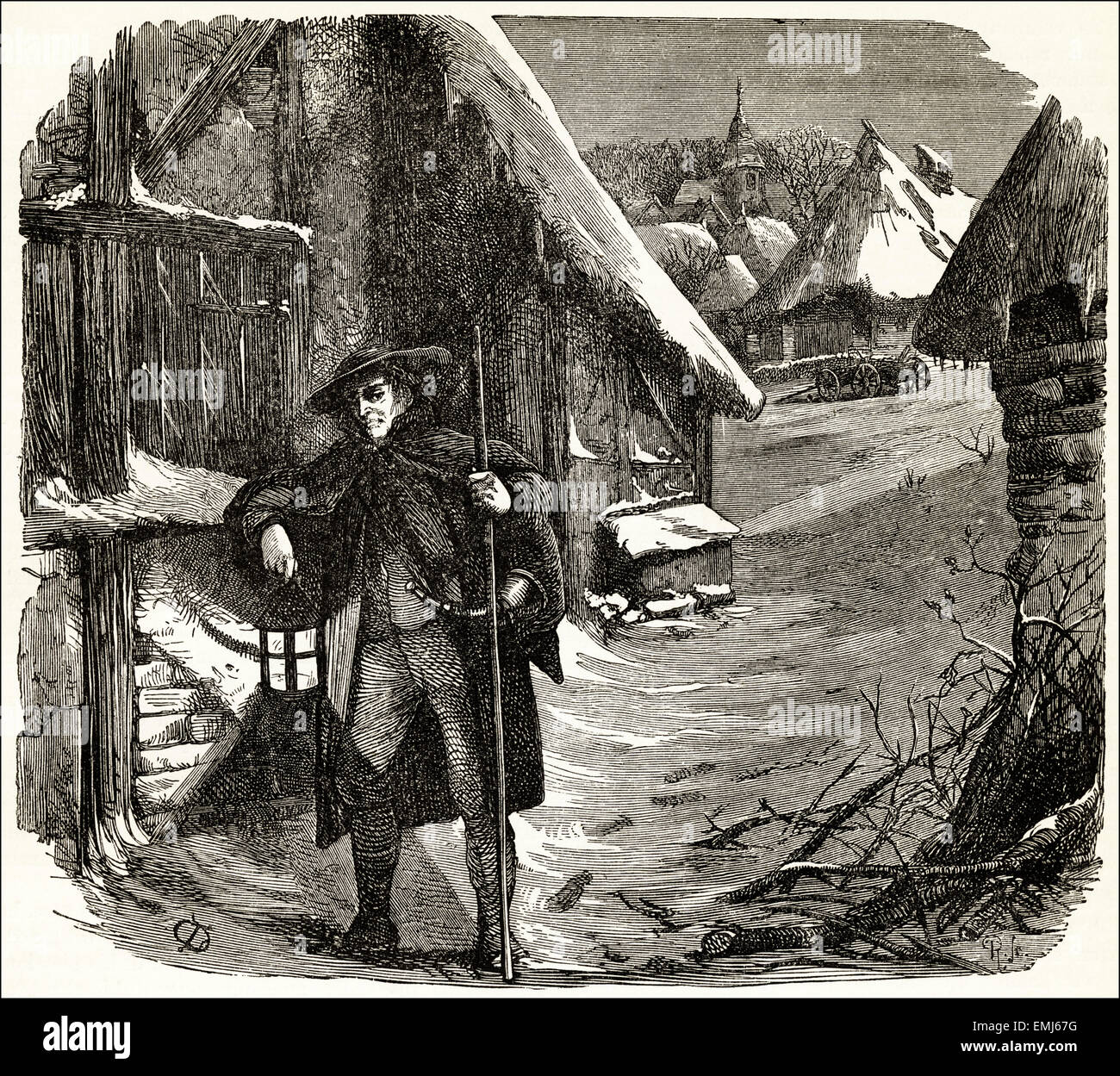 Night watchman in a rural German village in winter. Victorian woodcut ...
