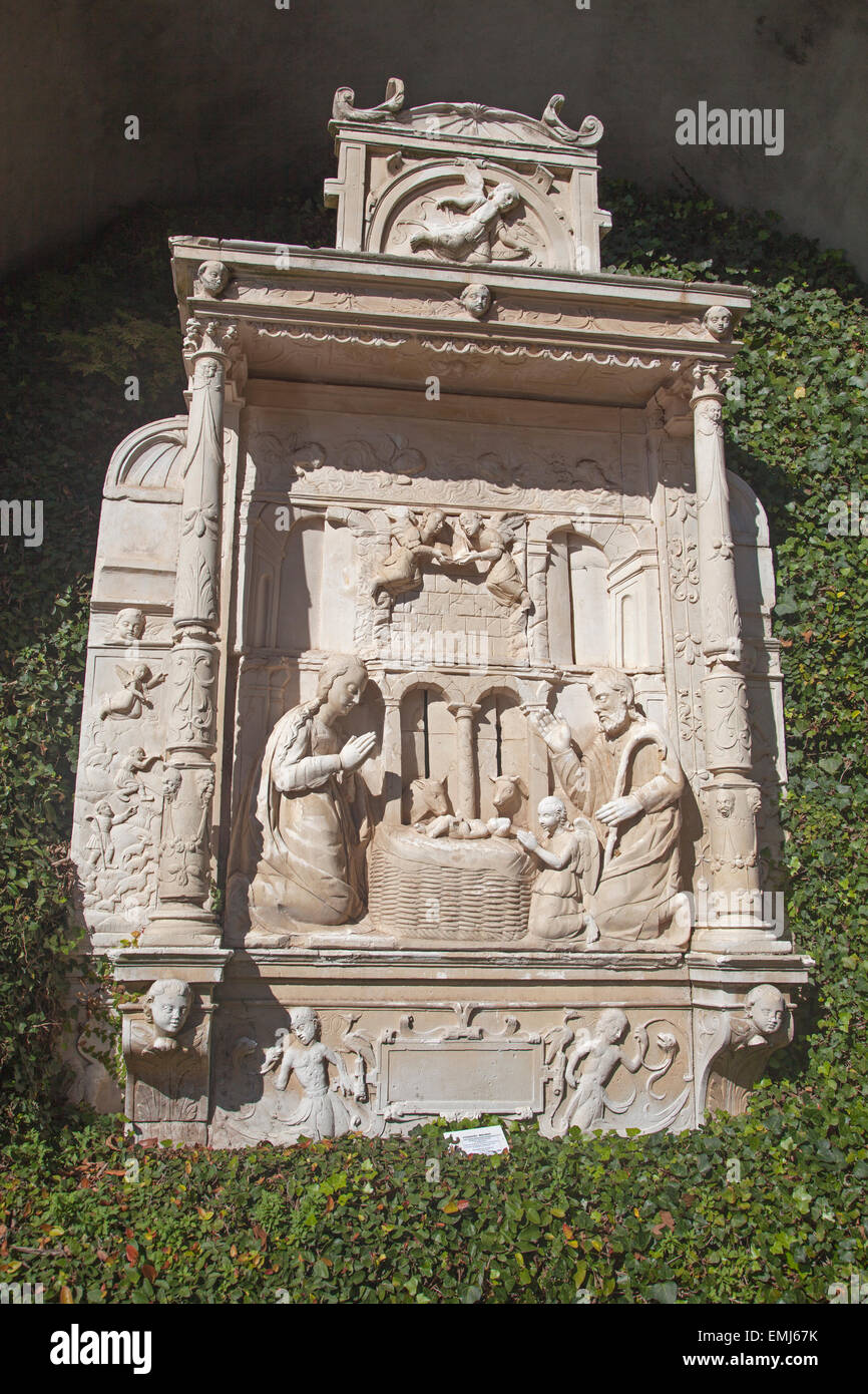 Renaissance sculpture relief (16thC) featuring La Nativité (A ...