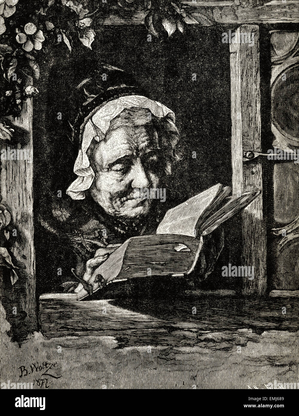 Old lady reading book in window of her home. Victorian woodcut ...
